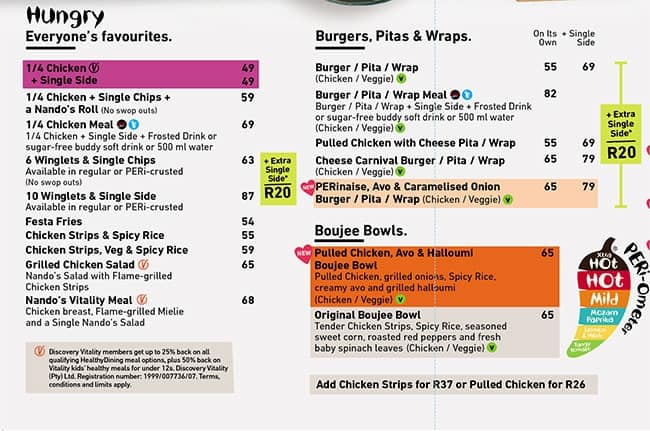 Menu at Nando's restaurant, Bluff, Pick 'n Pay Centre