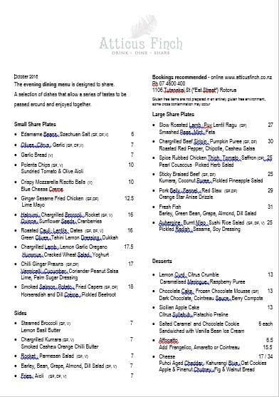 Atticus Finch Menu, Menu for Atticus Finch, Rotorua Central, Rotorua ...