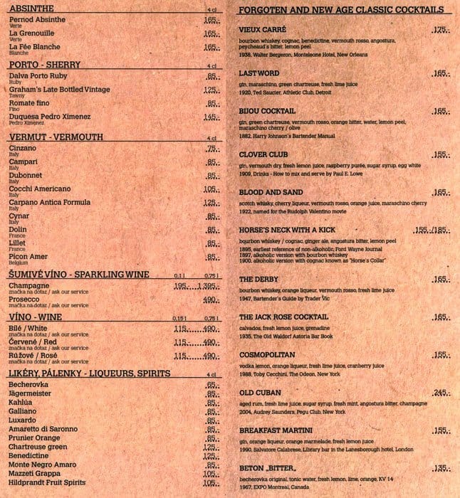 Menu at Cash Only bar, Prague