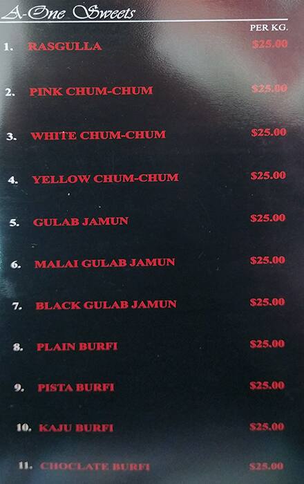 Menu at A-One Indian Sweet Shop restaurant, Laverton