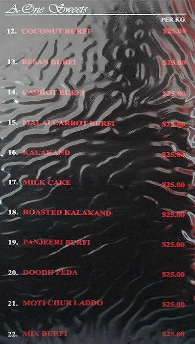 Menu at A-One Indian Sweet Shop restaurant, Laverton