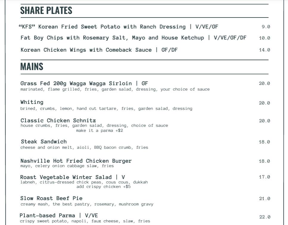 Menu at Embassy Hotel pub & bar, Brisbane City