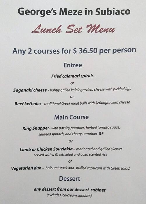 Menu at George's Meze restaurant, Subiaco