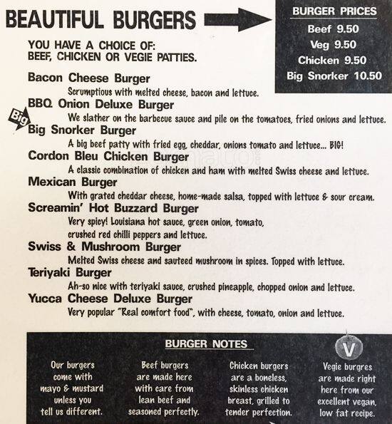 Menu at Yucca Tree Cafe, White Rock