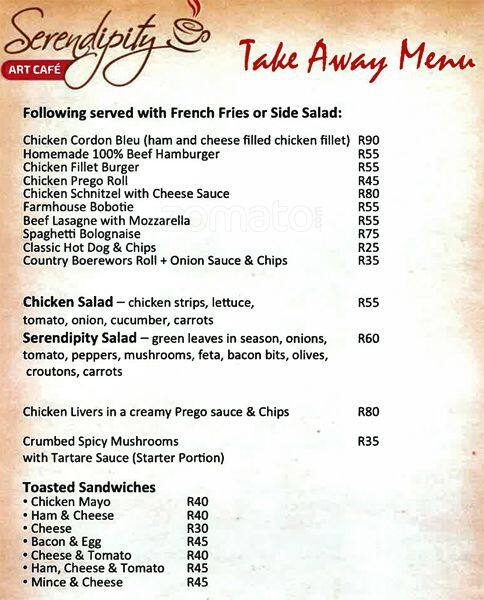 Menu at Serendipity Art Cafe, Hartbeespoort, 4Km's from William Nicol
