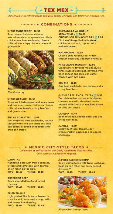 Menu at Abuelo's restaurant, Fort Worth