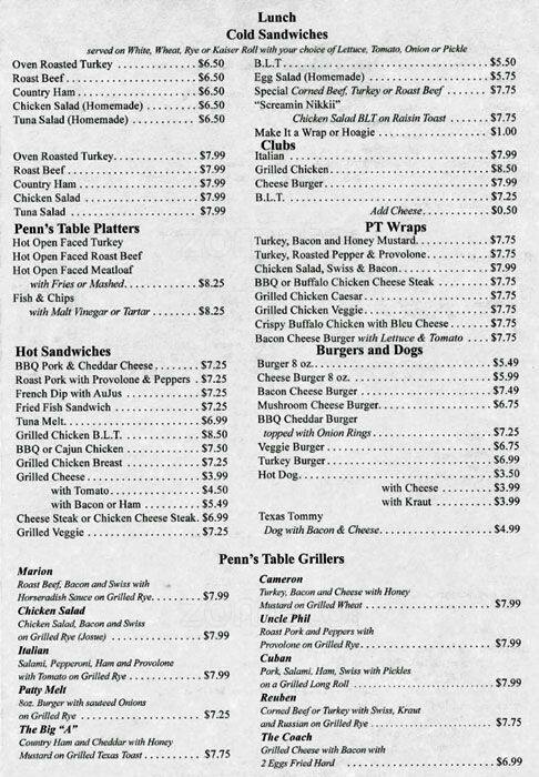 Menu at Penn's Table Restaurant, West Chester