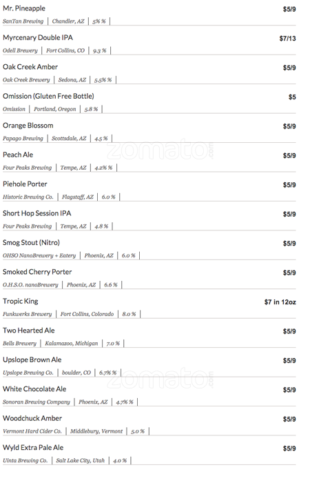 Menu at O.H.S.O. Eatery & nano-Brewery restaurant, Phoenix