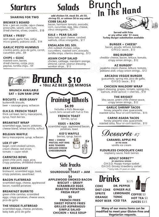 Menu at O.H.S.O. Eatery & nano-Brewery restaurant, Phoenix