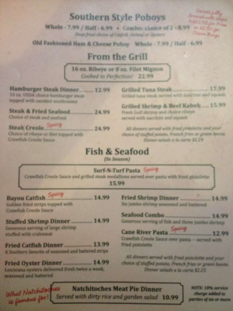 Menu at Papa's Bar & Grill, Natchitoches