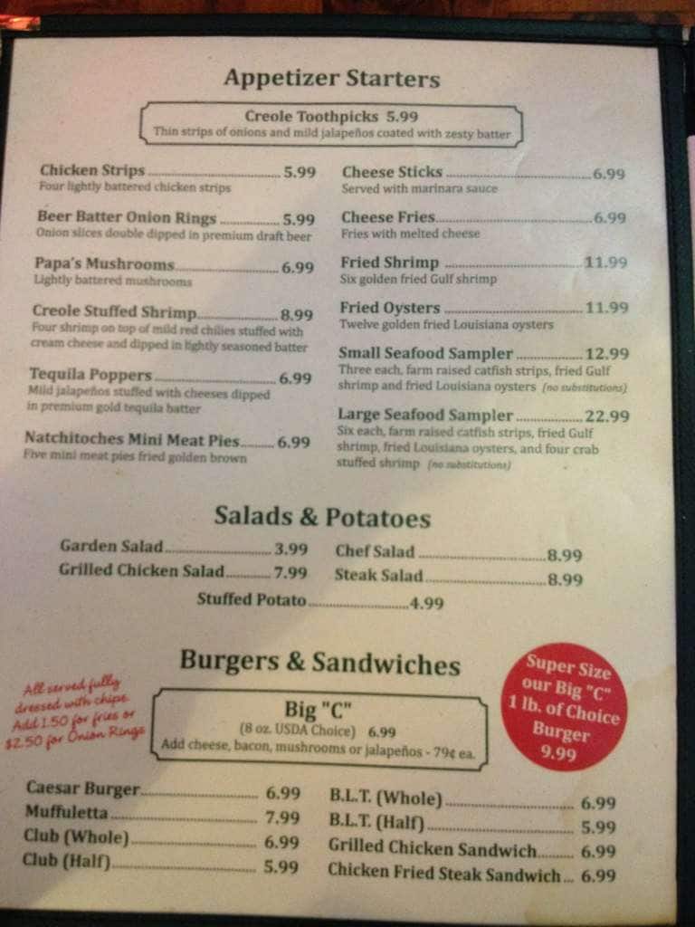 Menu at Papa's Bar & Grill, Natchitoches