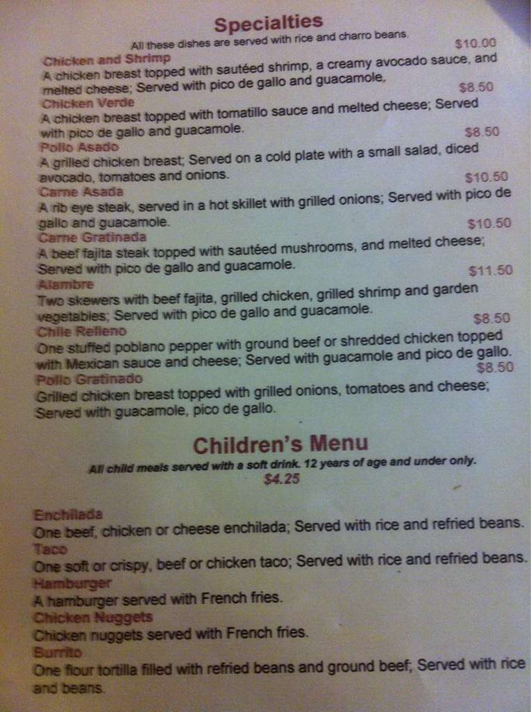 Menu at Fonda Mexican Restaurant, Centerville