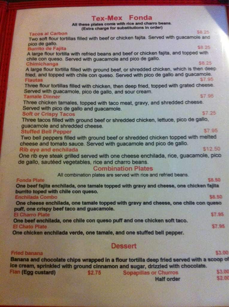 Menu at Fonda Mexican Restaurant, Centerville