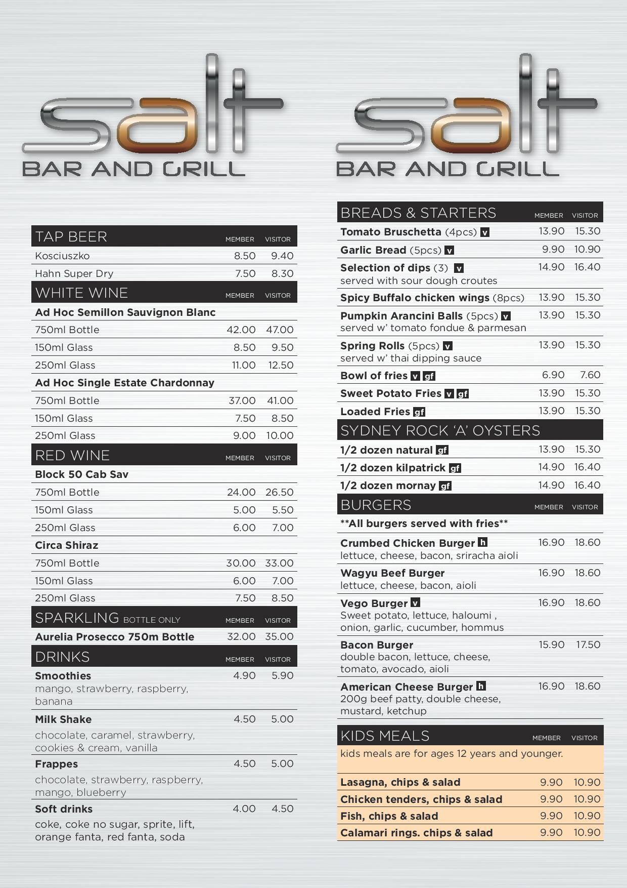 Menu at Salt restaurant, Bankstown