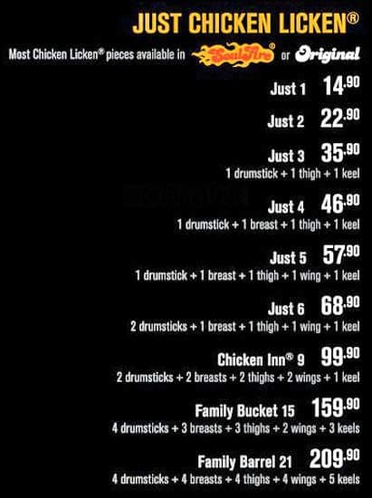 Menu at Chicken Licken Fly Thru restaurant, Nelspruit, 4 Bell St