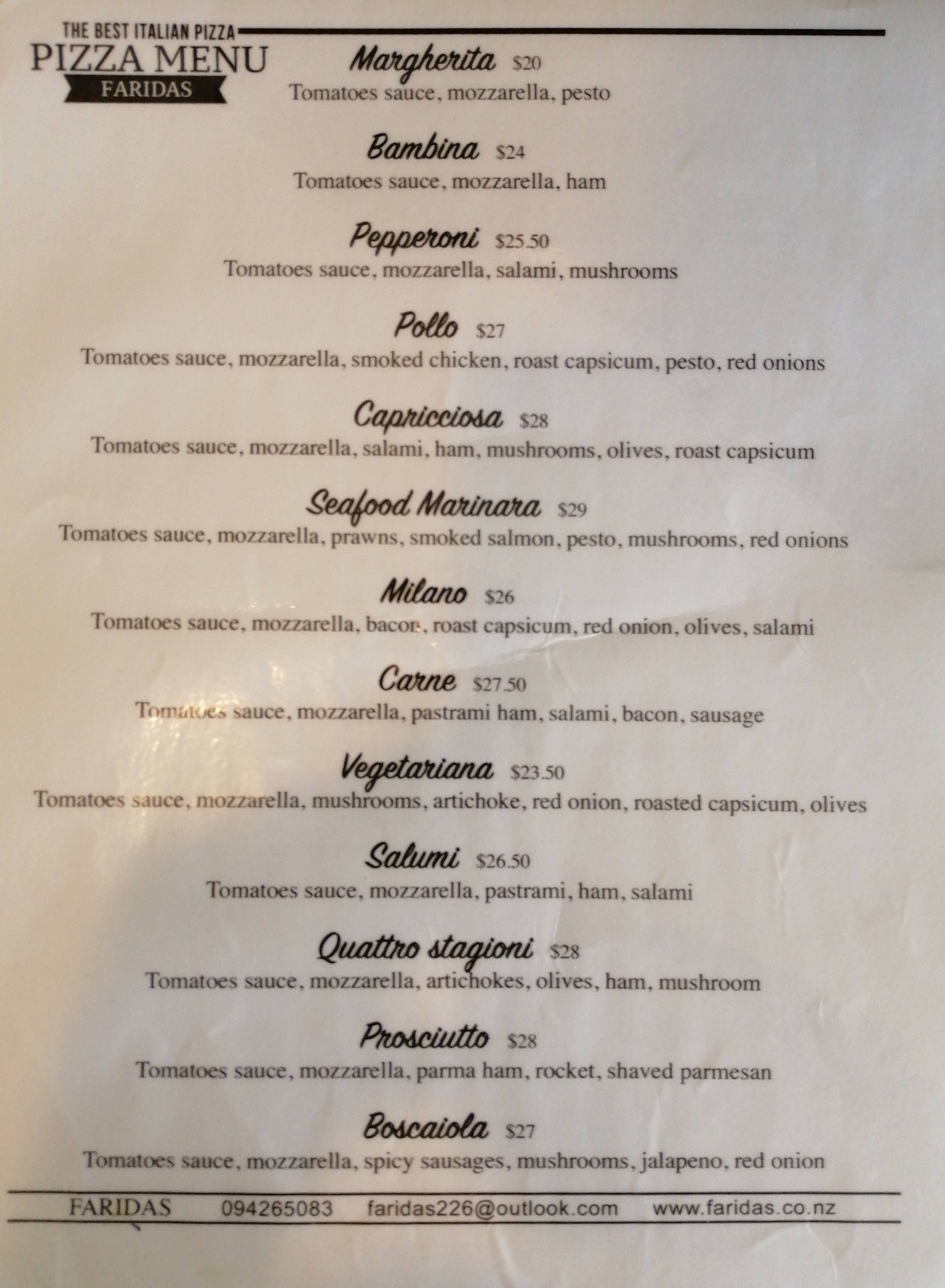 Menu at Faridas restaurant, Orewa