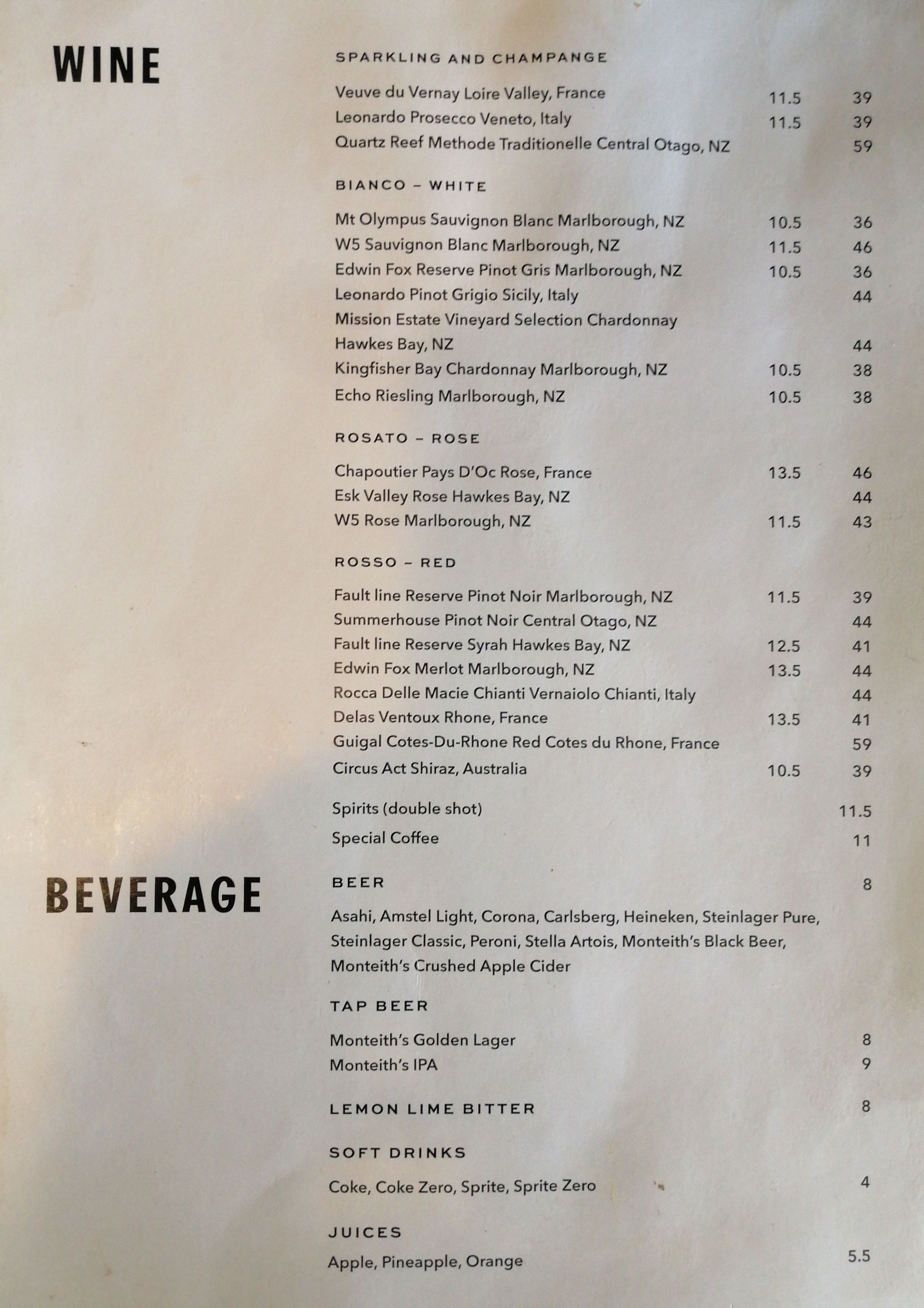 Menu at Faridas restaurant, Orewa