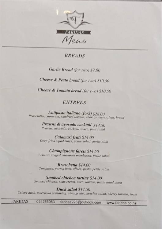 Menu at Faridas restaurant, Orewa