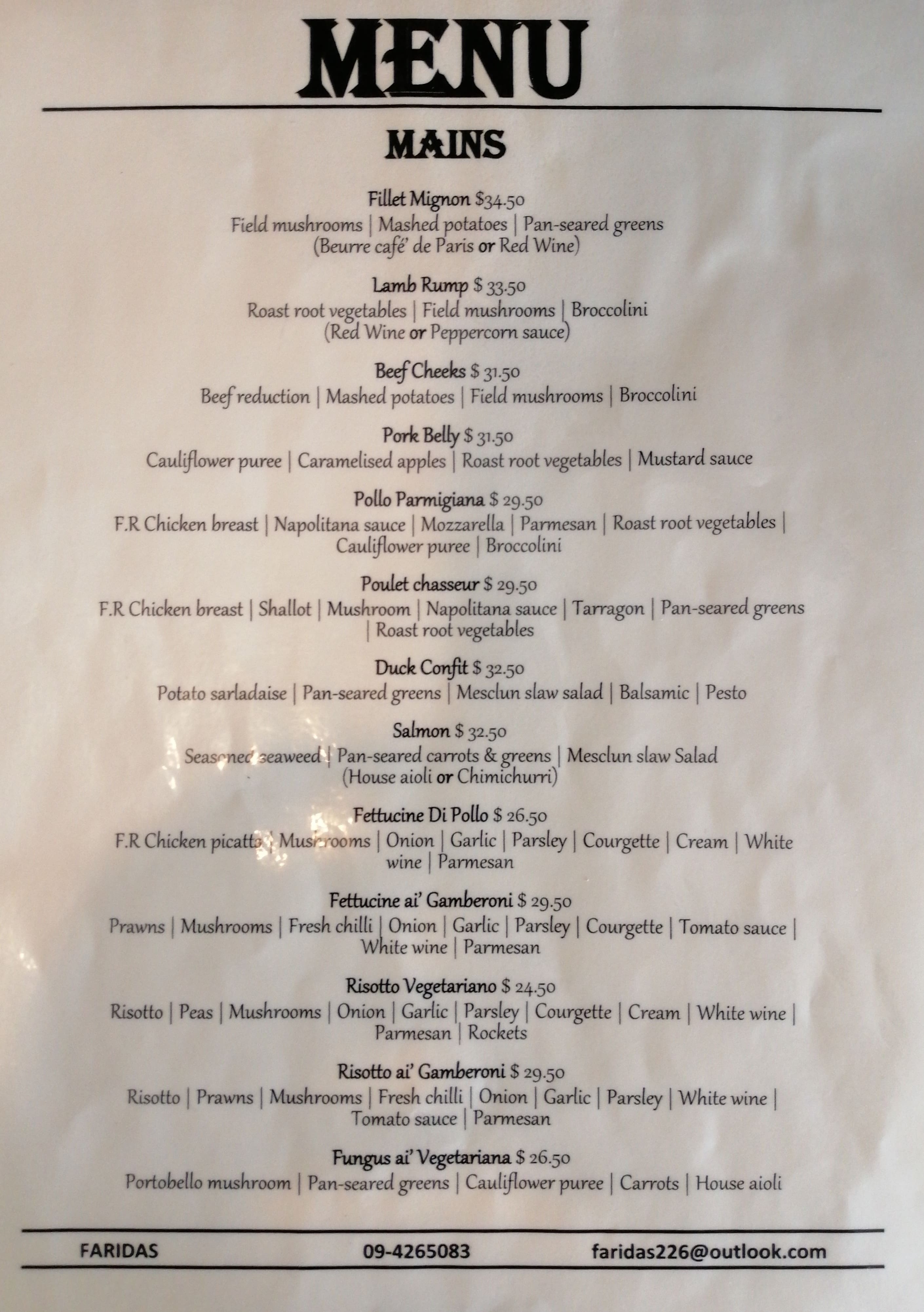 Menu at Faridas restaurant, Orewa