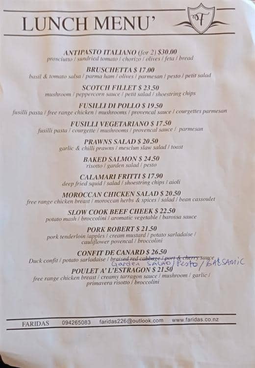 Menu at Faridas restaurant, Orewa