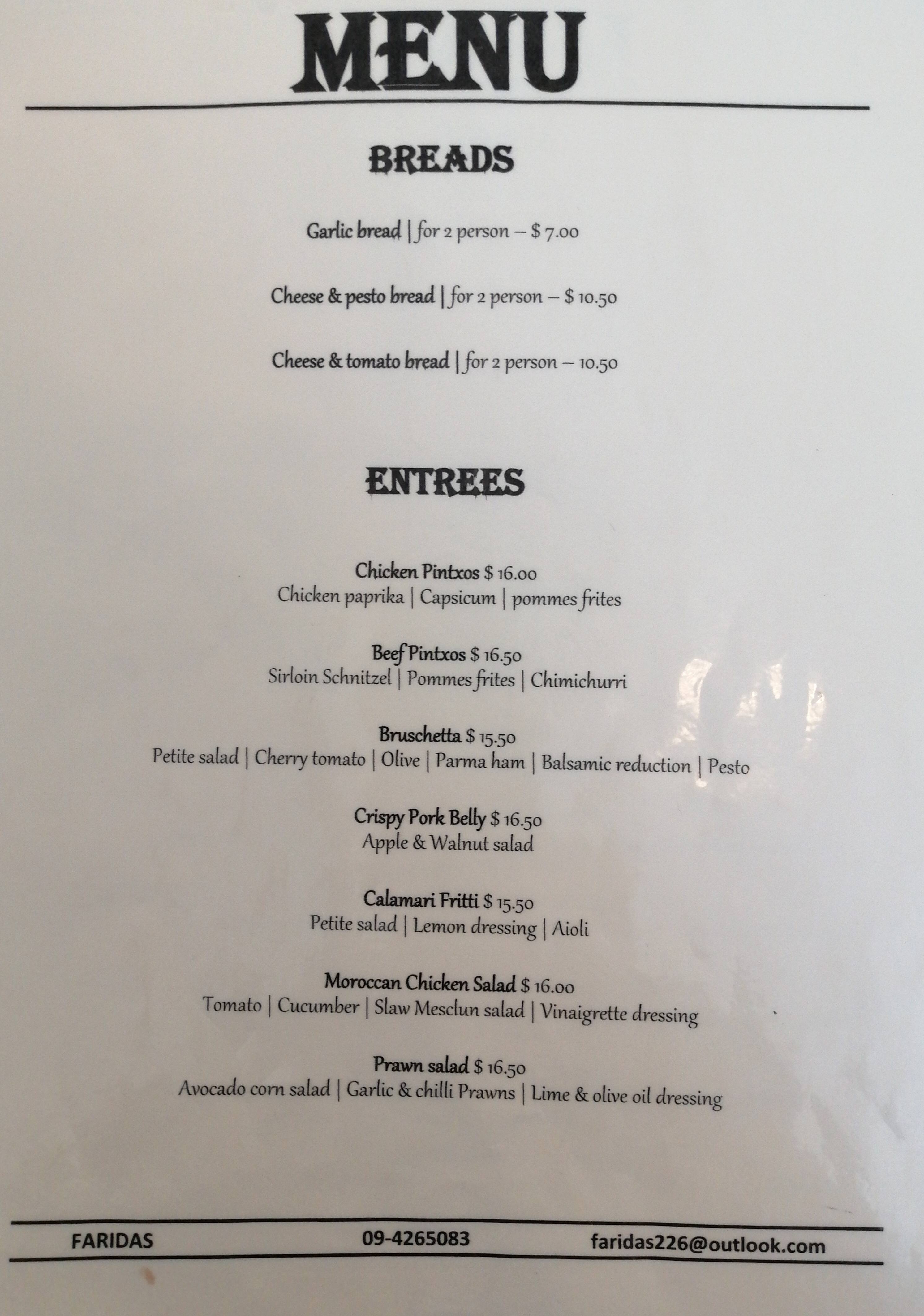 Menu at Faridas restaurant, Orewa