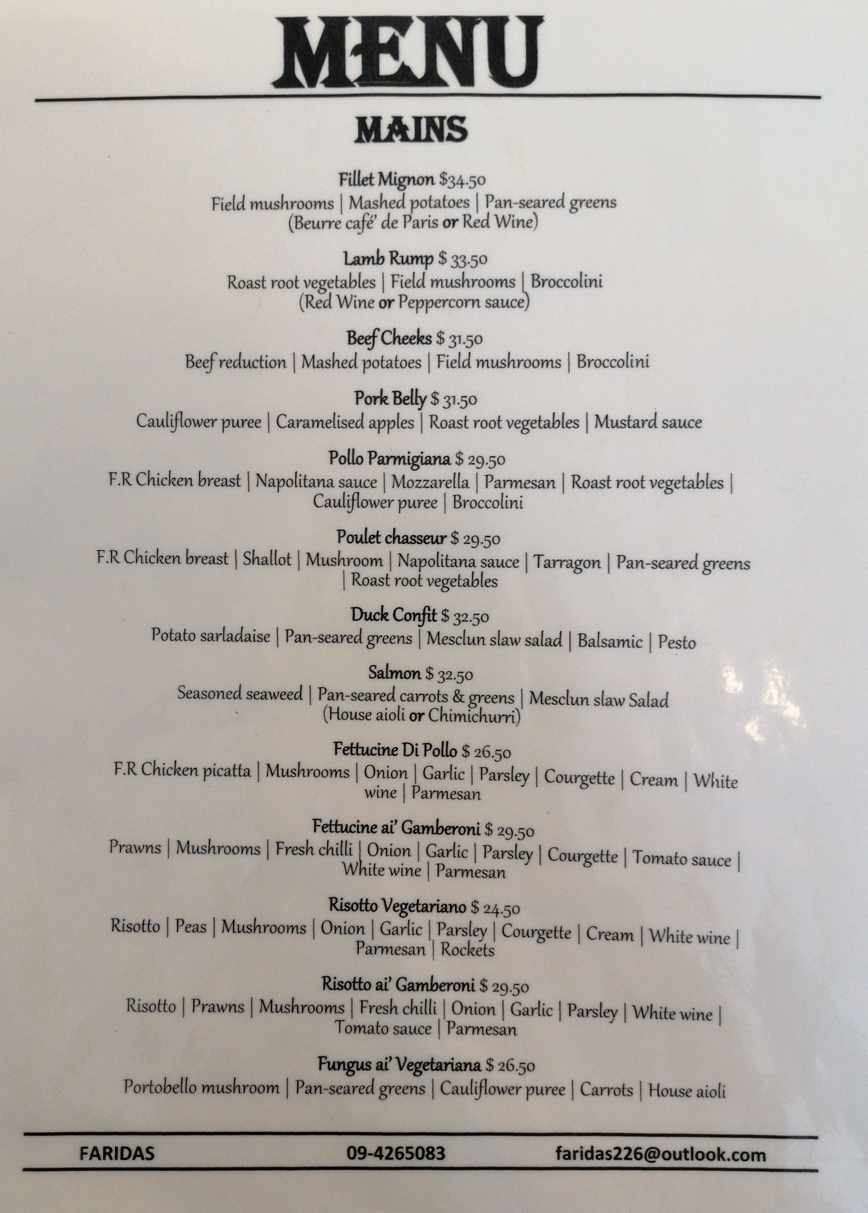 Menu at Faridas restaurant, Orewa