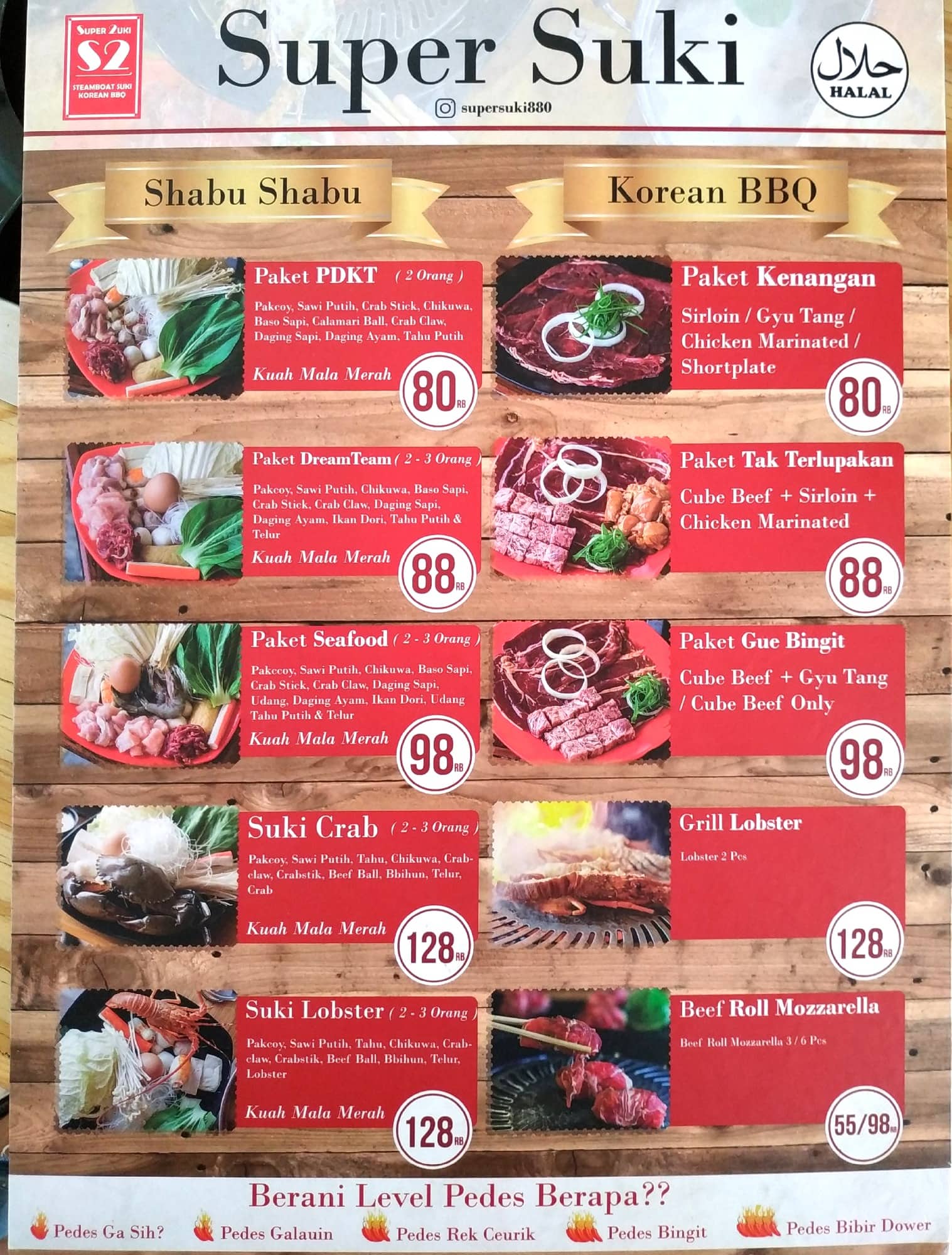 Menu at Super Suki restaurant, Jakarta, Jl. Jati Baru Raya No.35