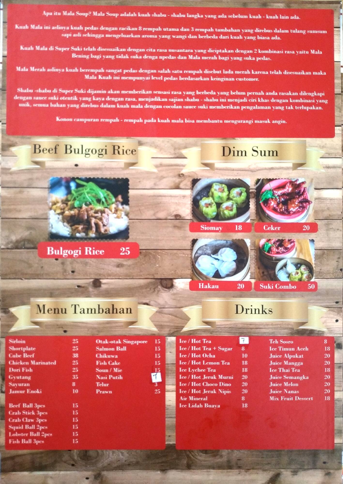 Menu at Super Suki restaurant, Jakarta, Jl. Jati Baru Raya No.35