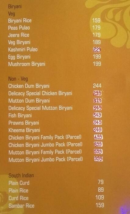 Menu at Delicacy Family Restaurant, Hyderabad, Metro Station