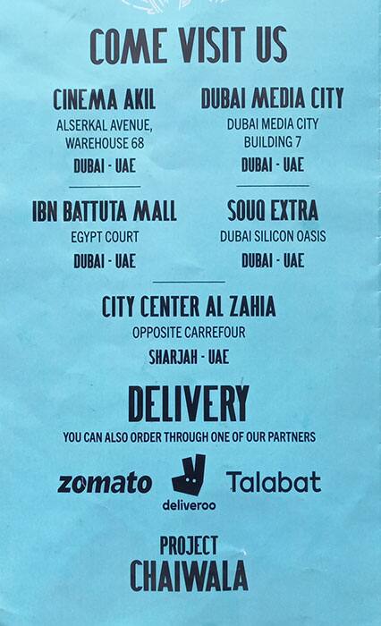 Menu at Project Chaiwala cafe, Dubai, Ibn Battuta Mall