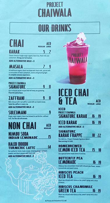 Menu at Project Chaiwala cafe, Dubai, Ibn Battuta Mall