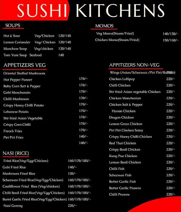 Menu of Sushi Kitchens, Jeevan Bhima Nagar, Bangalore