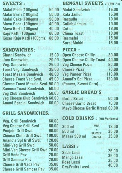 Menu at Anand's, Mumbai, 7/8