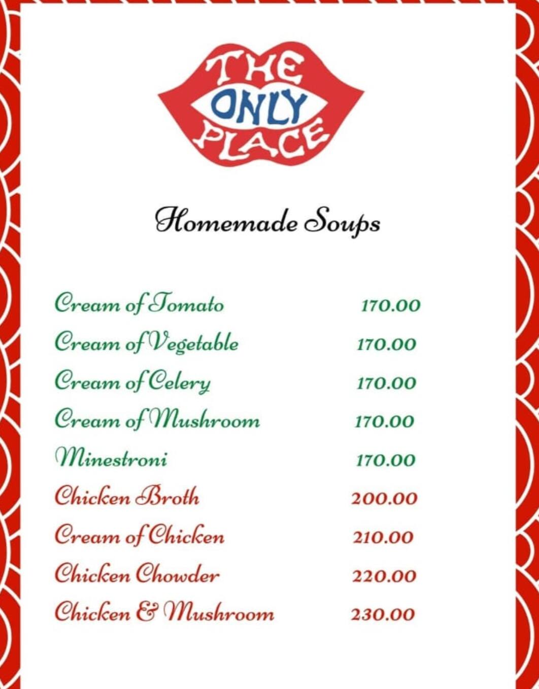 Menu of The Only Place, Museum Road, Bangalore