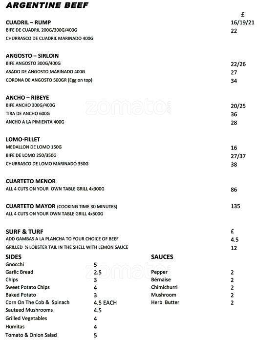 Menu at The Bull Steak Expert steakhouse, London, 54 Red Lion St