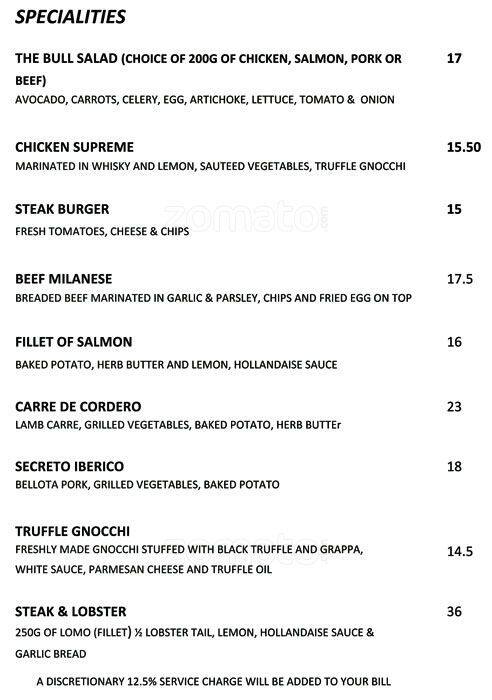 Menu at The Bull Steak Expert steakhouse, London, 54 Red Lion St