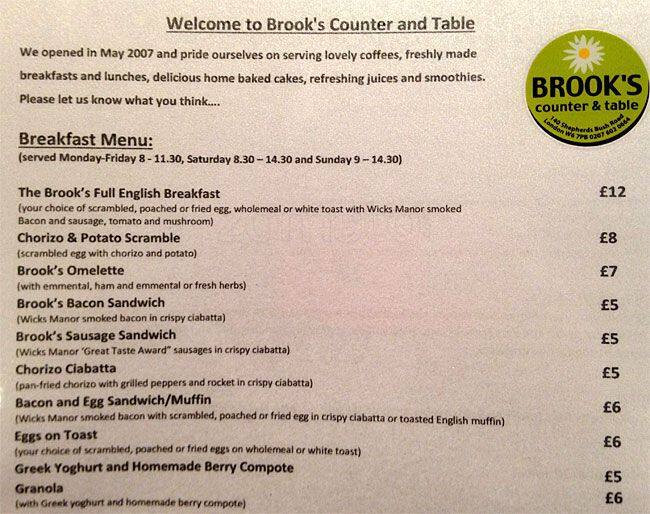Menu at Brook's Counter & Table pub & bar, London