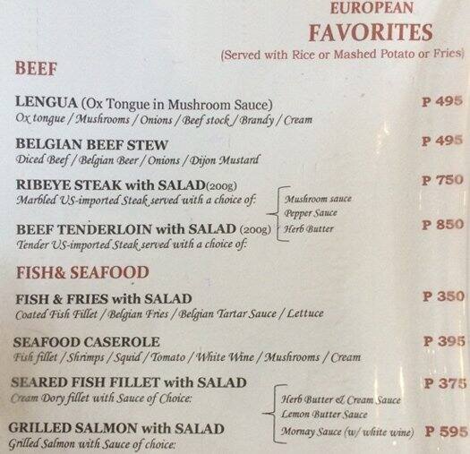 Menu at Picasso's Place restaurant, Mandaluyong
