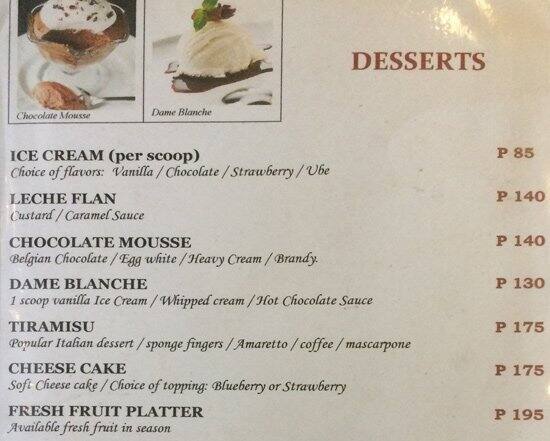 Menu at Picasso's Place restaurant, Mandaluyong
