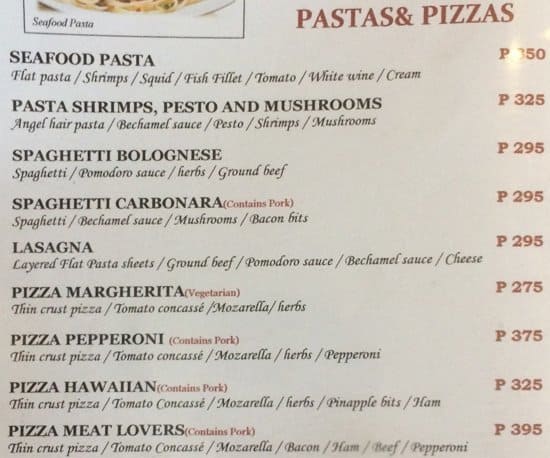 Menu at Picasso's Place restaurant, Mandaluyong