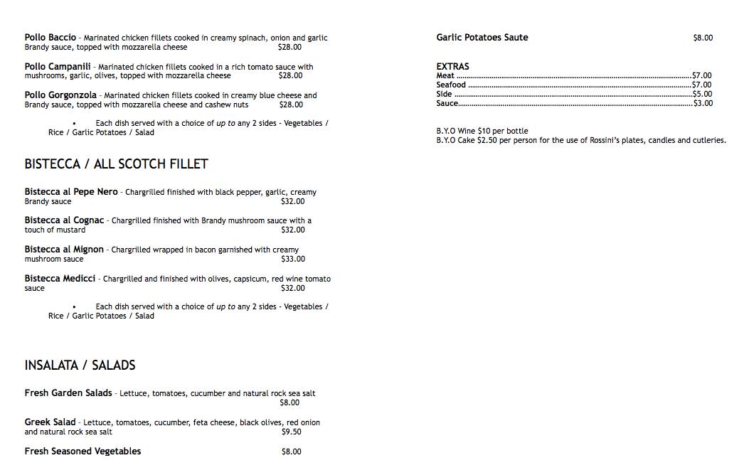 Menu at Rossini Italian Restaurant, Auckland, 7/9 Gooch Pl
