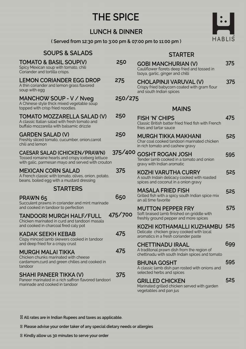 Menu of The Spice - Hablis Hotel, Guindy, Chennai