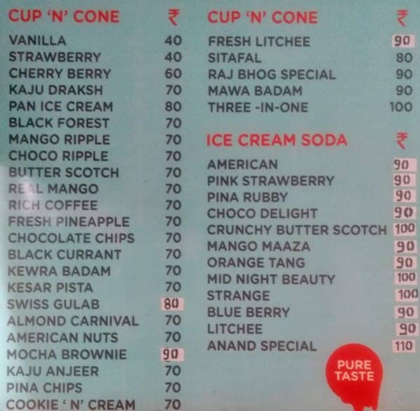 Anand Ice-Cream Parlor menu, Menu restauracji Anand Ice-Cream Parlor ...