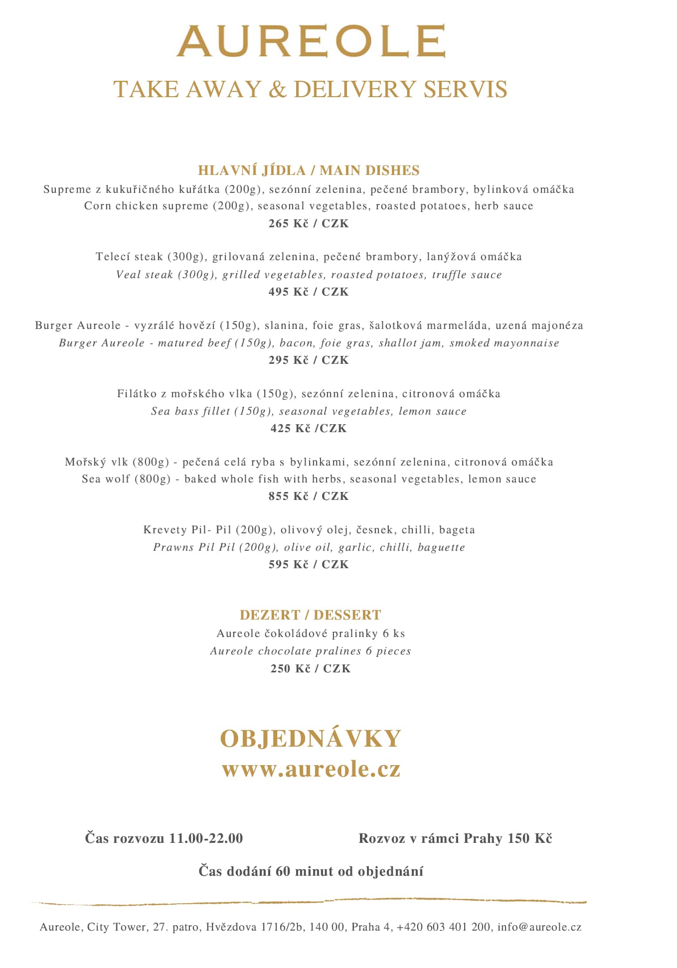 Menu at Aureole Fusion Restaurant and Lounge, Prague