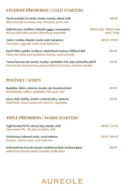 Menu at Aureole Fusion Restaurant and Lounge, Prague
