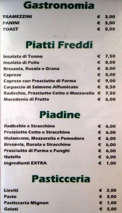 Menu at Roxy Bar, Rome, Via Luigi Luciani