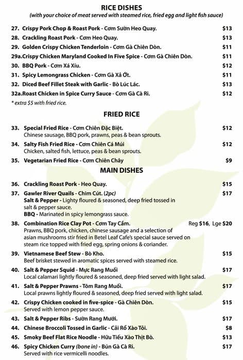 Menu at Betel Leaf Cafe, Seaton