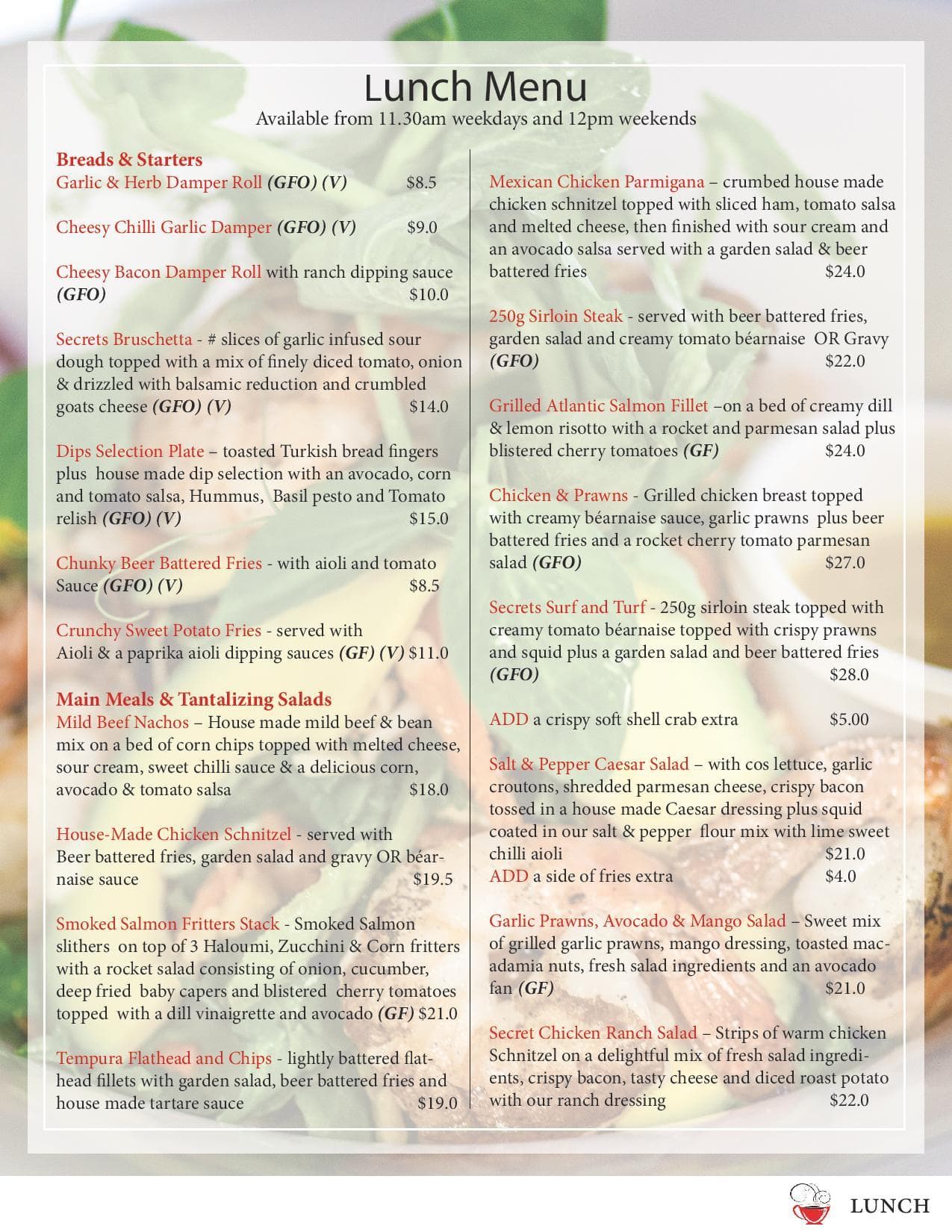 Menu at The Secret Cafe, Charmhaven