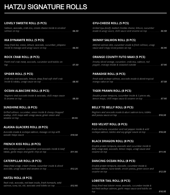 Carta del restaurante Bistro Hatzu, Vancouver, 401 Industrial Avenue