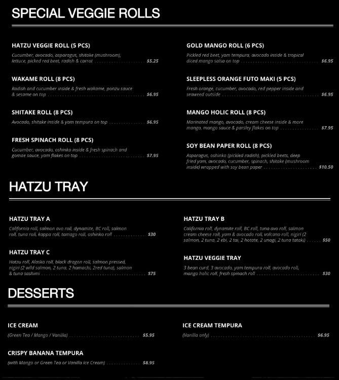 Carta del restaurante Bistro Hatzu, Vancouver, 401 Industrial Avenue